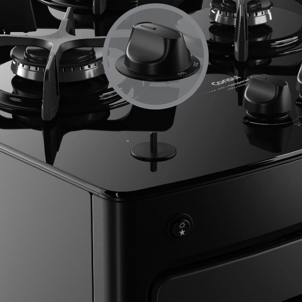 Fogão Consul 4 bocas Preto com mesa de vidro e grades individuais de ...