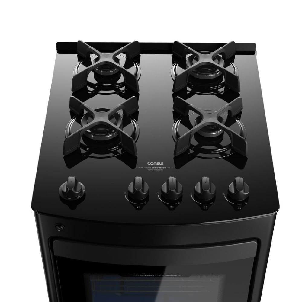 Fogão Consul 4 bocas Preto com mesa de vidro e grades individuais de ...