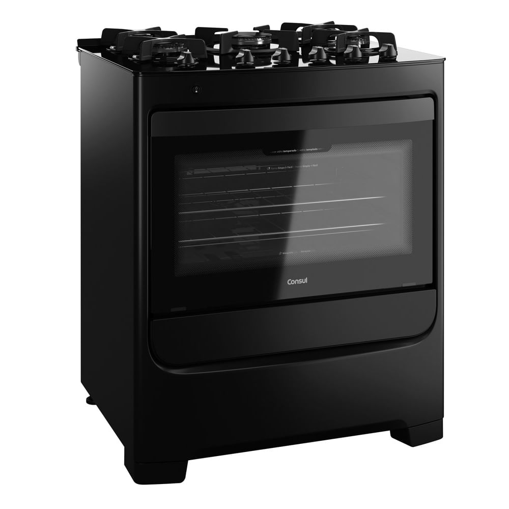 Fogão Consul 5 bocas Preto com mesa de vidro, chama dupla especial e ...